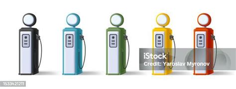 둥근 가격 보드와 호스가 있는 복고풍 스타일의 주유소 그림 다양한 색상의 아이콘으로 된 3d 소프트 렌더링 스타일 그래픽 0명에