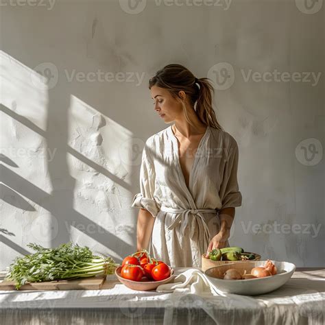 A Woman In Casual Linen Outfit Standing Cooking With Vegetables And