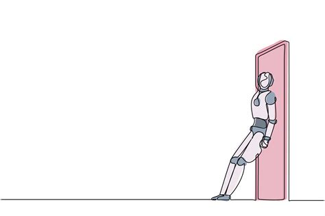 Continuous One Line Drawing Robots Standing And Pushing Door With Her Back Humanoid Robot