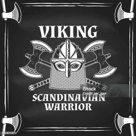 바이킹 전사 배지 칠판에 스티커 벡터 일러스트 레이 션입니다 엠블럼 라벨 및 패치용 흑백 스타일의 바이킹 헬멧 교차 더블 도끼