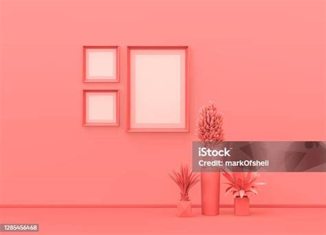 장식 꽃병 식물 광장과 수직 포스터 프레임 플랫 흑백 핑크 색상의 포스터 프레임 모형 룸 복사 공간이 있는 라이트 백그라운드입니다 3d 렌더링 0명에 대한 스톡 사진 및