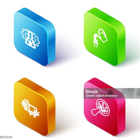 마리화나 물뿌리개 쇼핑 카트 및 돋보기와 아이콘으로 아이소메트릭 라인 시험관을 설정합니다 벡터 3차원 형태에 대한 스톡 벡터 아트 및 기타 이미지 Istock