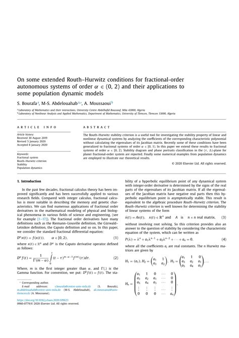 Pdf On Some Extended Routh Hurwitz Conditions For Fractional Order Autonomous Systems Of Order