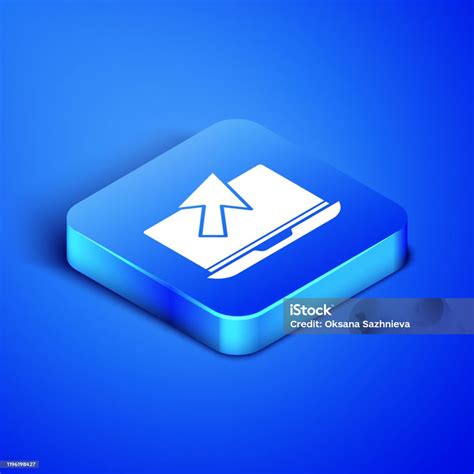 아이소메트릭 랩톱 및 커서 아이콘이 파란색 배경에 격리되어 있습니다 빈 화면 기호가 있는 컴퓨터 전자 필기장 파란색 사각형 버튼입니다 벡터 일러스트레이션 0명에 대한 스톡