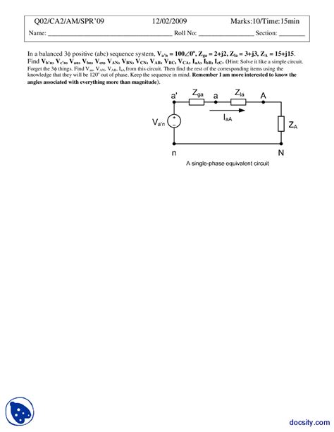 Balanced 3 Phase Positive Sequence System Electrical Circuit And Network Analysis Quiz Docsity