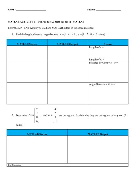 Simulation Activity 61 Dot Product In Matlab Name