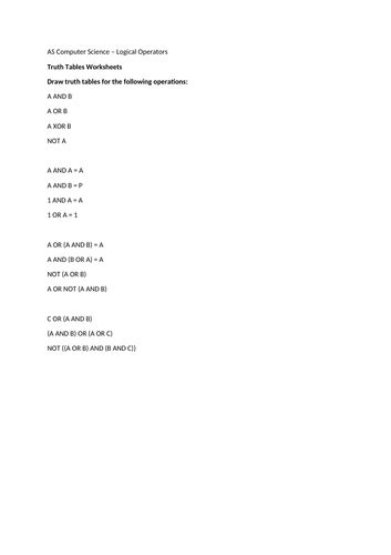1 02 Logical Operations Wjec And Eduqas A Level Computer Science Teaching Resources