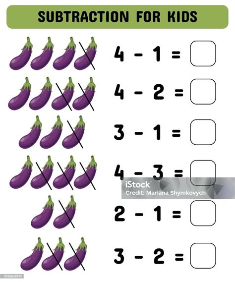 가지와 뺄셈 게임 유치원 미취학 아동을 위한 개발 중인 수학 게임 인쇄 가능한 시트 0명에 대한 스톡 벡터 아트 및 기타 이미지 0명 가지 채소 공부 Istock
