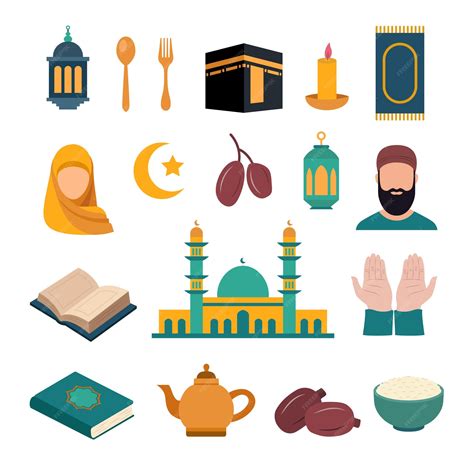 Set Of Detailed Islamic Icons Ramadan Mubarak Vector Illustration