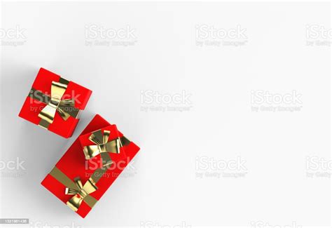 골드 리본과 흰색 배경에 활붉은 색의 선물 상자 블랙 프라이데이 크리스마스 새해 판매를위한 템플릿 3d 렌더링 그림 마케팅 시각화 사실적인 그림자 위쪽 보기 3차원 형태에