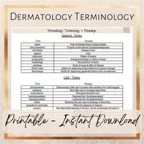Dermatology Terminology And Meanings Cheat Sheet Etsy