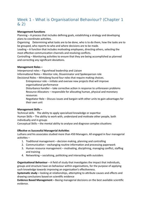 Organisational Behaviour Notes Mgts1601 Organisational Behaviour