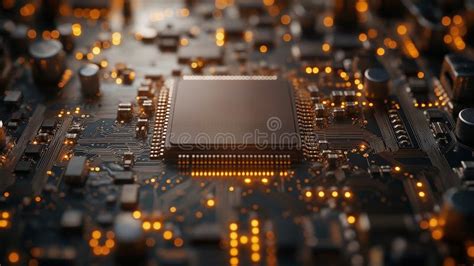 Close Up Of An Illuminated CPU On A Circuit Board With Traces And Components Stock Photo Image