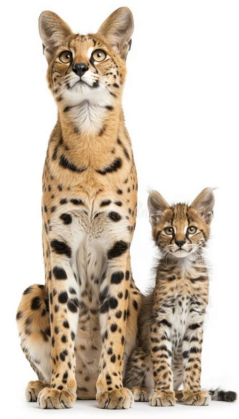 Male Serval And Serval Kitten Portrait With Empty Space For Text Object On The Side Stock