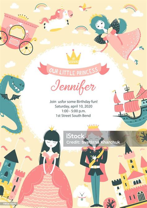 공주 왕자 유니콘 용 요정 성 동화 프레임 만화 스칸디나비아 스타일의 벡터 일러스트레이션입니다 파스텔 팔레트 공룡에 대한 스톡 벡터 아트 및 기타 이미지 Istock