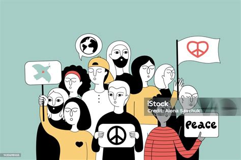 표지판 배너 및 플래 카드를 손에 든 다양한 사람들 국제 평화의 날 다양성에 대한 스톡 벡터 아트 및 기타 이미지 다양성 디자인 모임 Istock