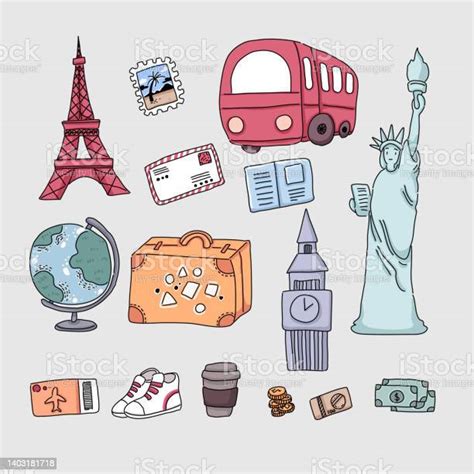 플랫 스타일의 만화 벡터 여행 컨셉 일러스트레이션 여행 여행 발견에 대한 대상 개체 그룹에 대한 스톡 벡터 아트 및 기타 이미지