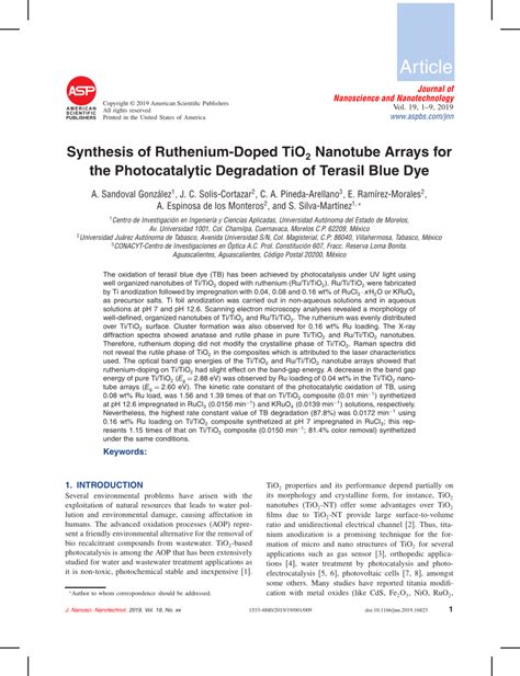 Pdf Synthesis Of Ruthenium Doped Tio₂ Nanotube Arrays For The