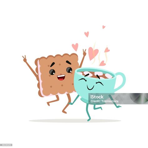 행복 한 샌드위치 쿠키 그리고 마 시 멜로 함께 커피 한잔 사랑에 달콤한 커플입니다 평면 스타일에서 음식 만화 캐릭터입니다 격리 된 벡터 일러스트 레이 션 귀여운에 대한