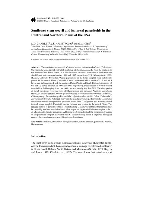 Pdf Sunflower Stem Weevil And Its Larval Parasitoids In The Central And Northern Plains Of The Usa