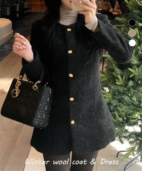 연말룩종결허리잘록핏 금장단추 노카라 긴팔 트위드 하프 울코트and미니원피스 겨울결혼식 자켓아우터 하객 상견례 키작녀 빅사이즈 크리스마스 생일파티 공주 라운드넥 앙고라