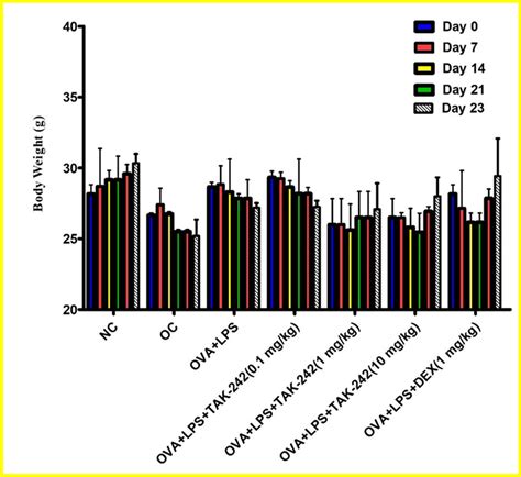 body weight variation after ova lps tak 242 dex administration in mice