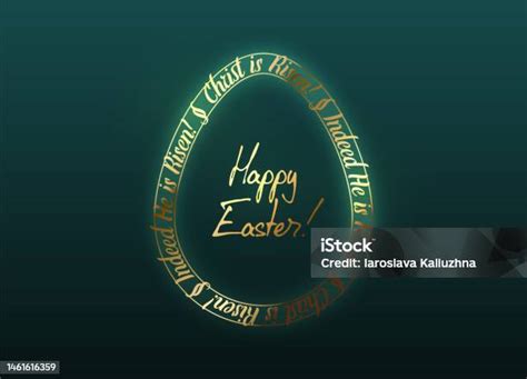 부활절 럭셔리 인사말 카드 달걀 모양 황금 추상 그리스도는 부활하셨습니다 실제로 그는 부활 텍스트 프레임 디자인입니다 행복한 부활절 골드 텍스트입니다 벡터 디자인 녹색