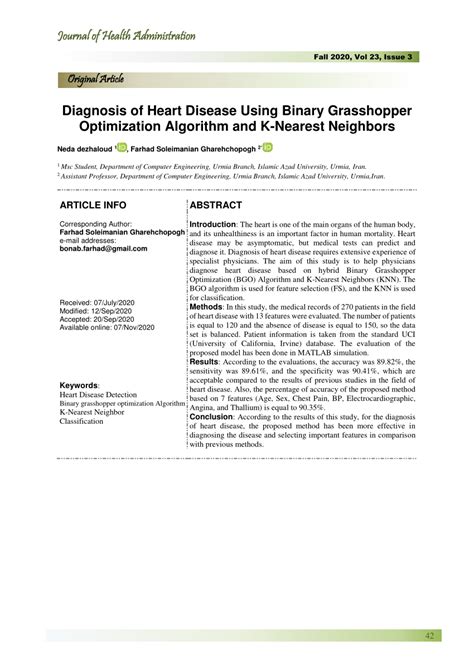 pdf diagnosis of heart disease using binary grasshopper optimization algorithm and k nearest