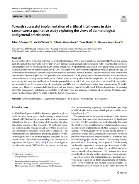 Towards Successful Implementation Of Artificial Intelligence In Skin Cancer Care A Qualitative