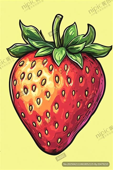 Ai创作图草莓 插画 手绘 水果 卡通 图案 装饰 鲜艳 绿色 叶子 红色 黄色背景 饱满 可爱 种子 昵图网