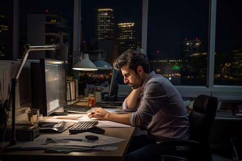 Premium Photo A Man Sitting At A Desk Working On A Computer