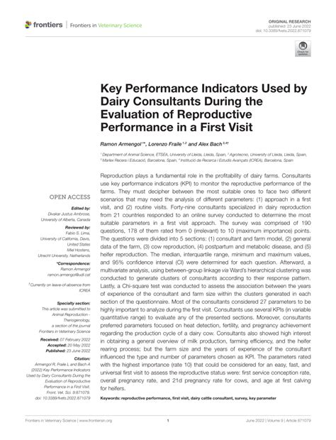 Pdf Key Performance Indicators Used By Dairy Consultants During The Evaluation Of Reproductive