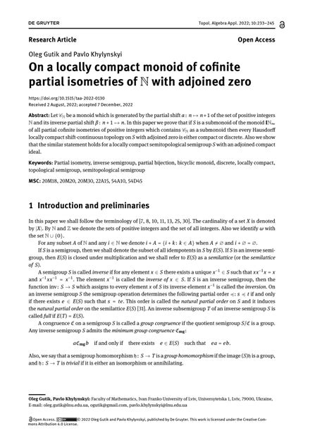 Pdf On A Locally Compact Monoid Of Cofinite Partial Isometries Of ℕ With Adjoined Zero