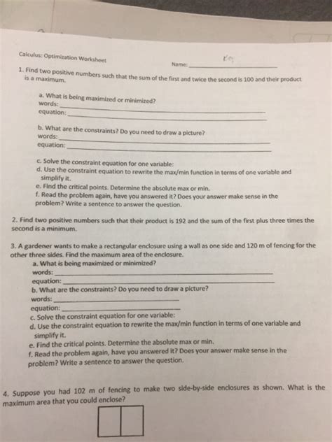 Solved Calculus Optimization Worksheet Name 1 Find Two