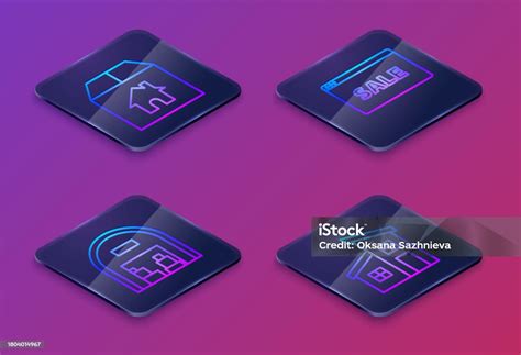 집 창고 텍스트 온라인 판매 및 집이있는 매달린 기호가있는 아이소 메트릭 라인 골판지 상자를 설정합니다 파란색 사각형 버튼입니다 벡터 3차원 형태에 대한 스톡 벡터 아트 및