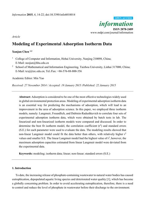 Pdf Modeling Of Experimental Adsorption Isotherm Data