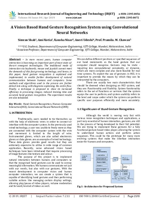 Pdf Irjet A Vision Based Hand Gesture Recognition System Using Convolutional Neural Networks