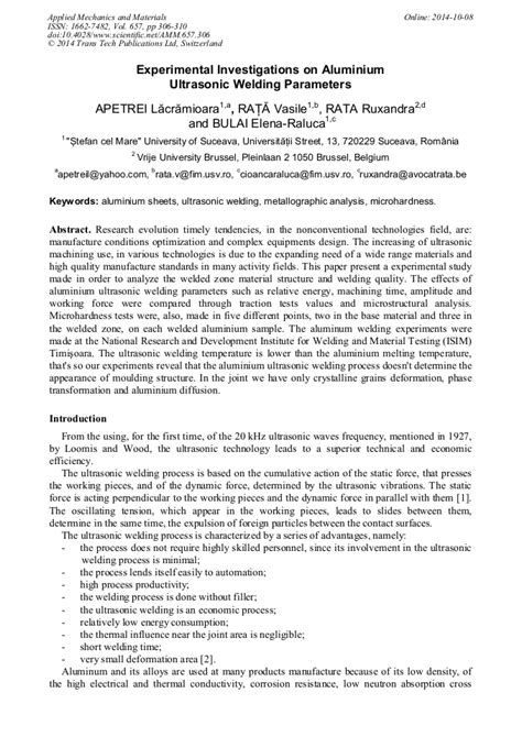 Experimental Investigations On Aluminium Ultrasonic Welding Parameters Scientific Net