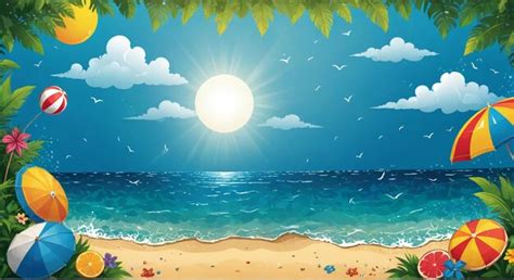 A Cartoon Illustration Of A Beach Scene With A Sun And Sea Premium Ai