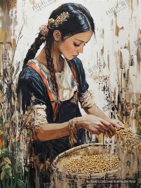 Ai创作图渔农少女 捧黄小米的女孩 油画人物 丙烯画人物 油画少女 手绘村姑 油画质地手绘人物 舀米人像 村姑形象绘画 绘画人物油画 油画民族化 抱稻谷的女孩 现实与油画的碰撞 人物油画 手绘