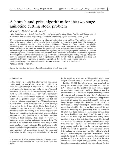 pdf a branch and price algorithm for the two stage guillotine cutting stock problem