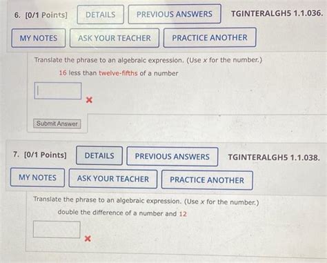 Solved Translate The Phrase To An Algebraic Expression Use