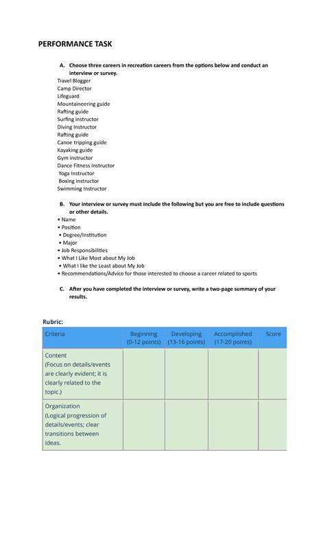 Performance Task In PE Of Grade PERFORMANCE TASK A Choose Three Careers In Recreation