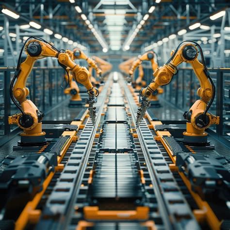 Premium Photo A Robot Assembly Line With A Lot Of Orange Robots