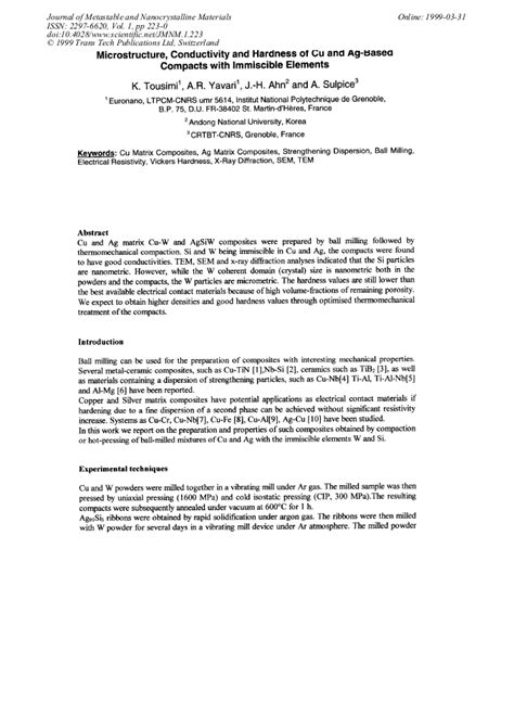 Microstructure Conductivity And Hardness Of Cu And Ag Based Compacts With Immiscible Elements