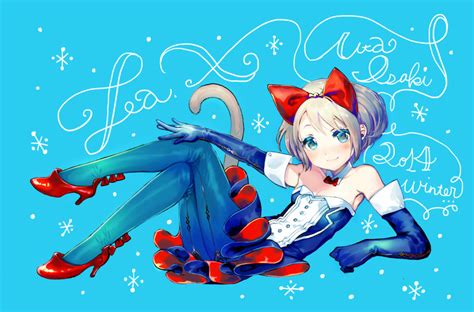 Safebooru 1girl Arm Support Bare Shoulders Blue Eyes Blush Bow Brown