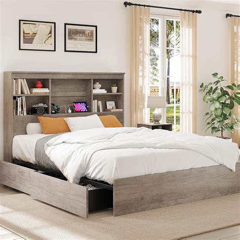 Gracie Oaks Bed Frame With High Storage Bookcase Headboard Wood Bed