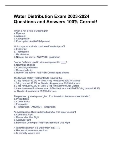 Water Distribution Exam Questions And Answers 100 Correct Water