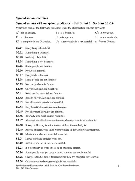 symbolization exercises for unit 5 part 1a one place predicates pdf first order logic