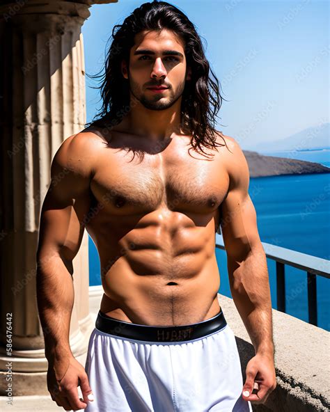 Strong Shirtless Greek Man Looking At Camera With Confidence Stock